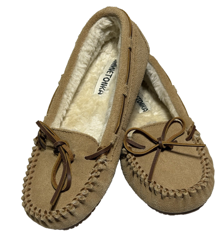 Minnetonka Cally Tan Suede Faux Fur Lined Moccasin Slippers Shoes Women ...