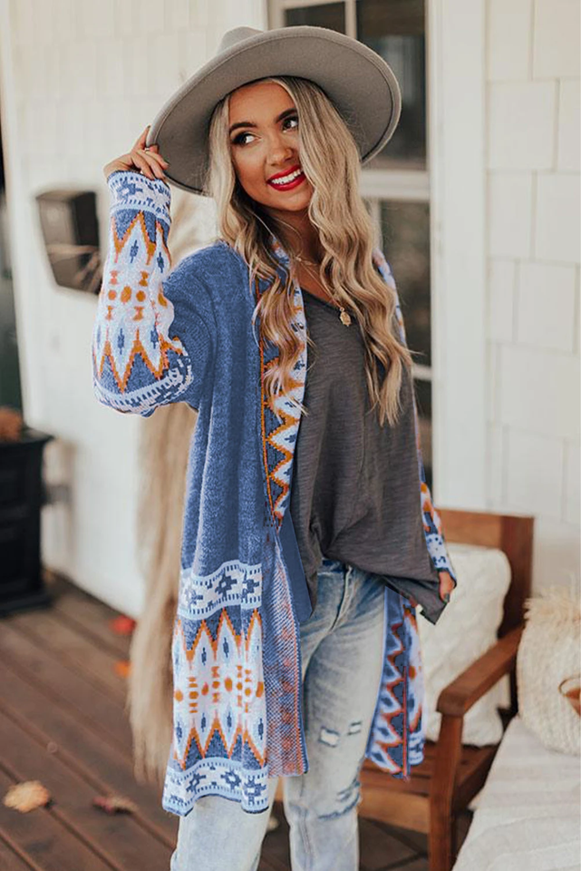 Women Blue Aztec Print Open Front Knitted Cardigan | eBay