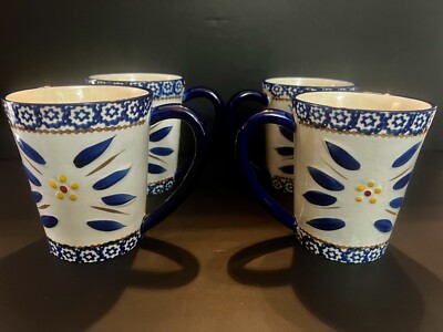 Temptations Coffee Mugs Porcelain Off White Blue Yellow Embossed Set Of ...