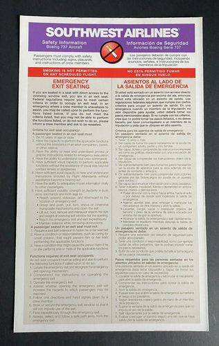 Southwest Airlines Boeing 737 Safety Card - 7/04 | eBay