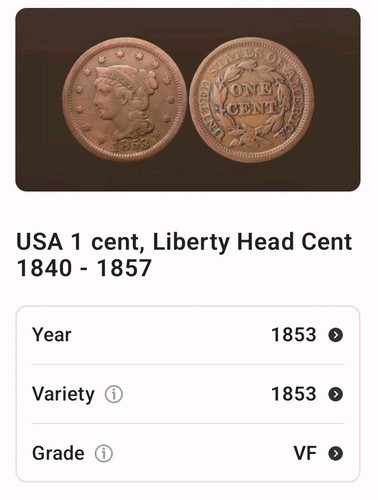 1853 Large One Cent Matron Braided Hair 1C US Coin Philadelphia Free ...