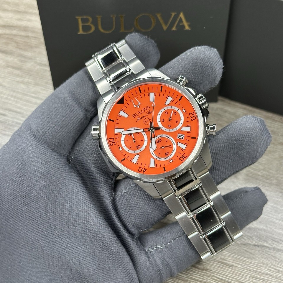 NEW CHRONO Bulova Marine Star Orange Date Dial Steel Men's Watch 96B395 ...
