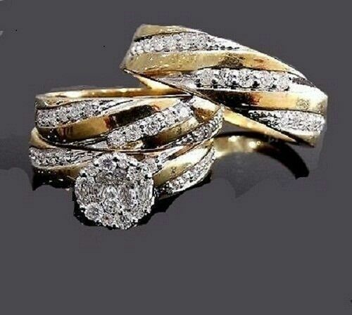 3 Ct Trio Simulated Diamond Wedding Engagement Ring Set 14K Yellow Gold ...
