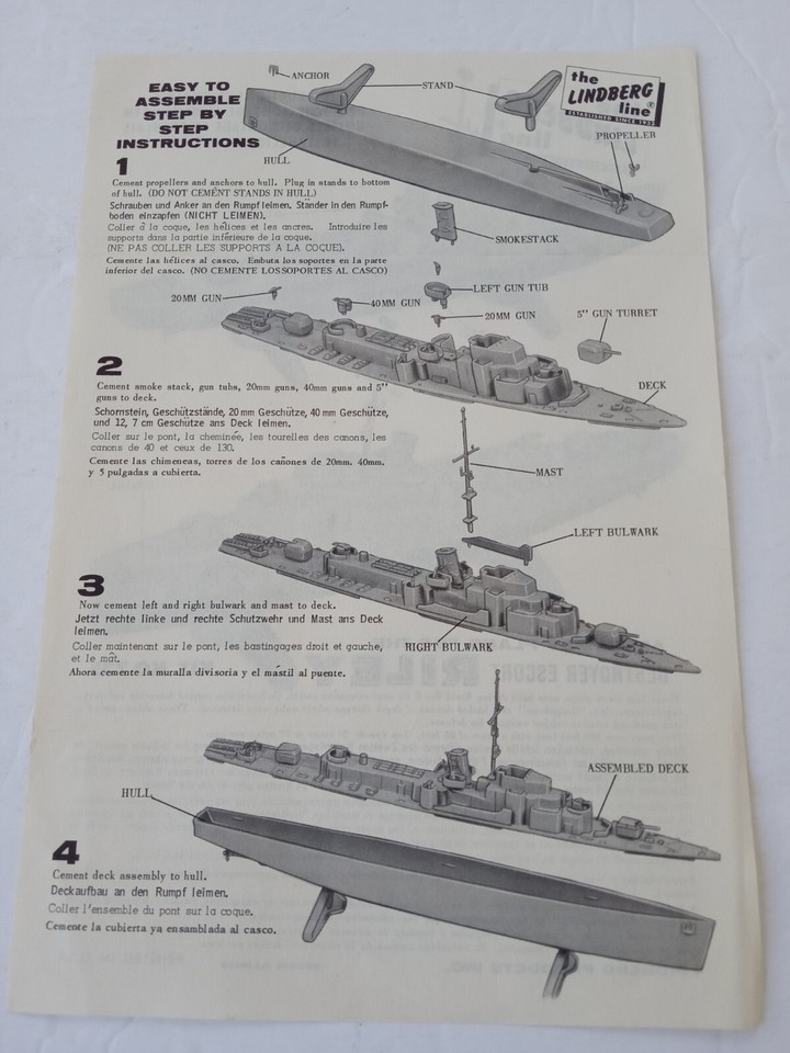 1961 LINDBERG DESTROYER ESCORT RILEY Model Kit 735-39 Instruction Sheet ...
