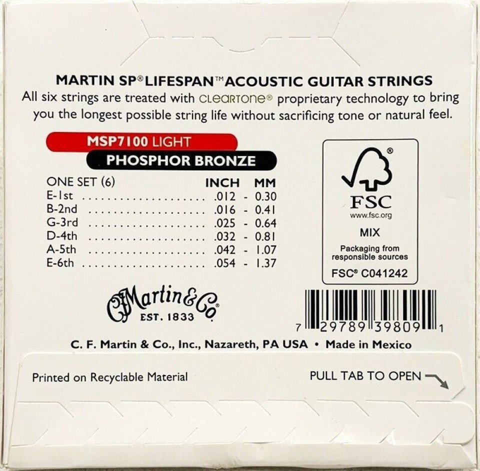 One Set Of Martin MSP7100 Lifespan SP Acoustic Guitar Strings 012-054 ...