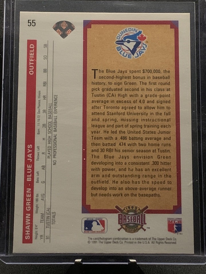 1992 Upper Deck - SHAWN GREEN - ROOKIE CARD (RC) #55 Toronto Blue Jays ...