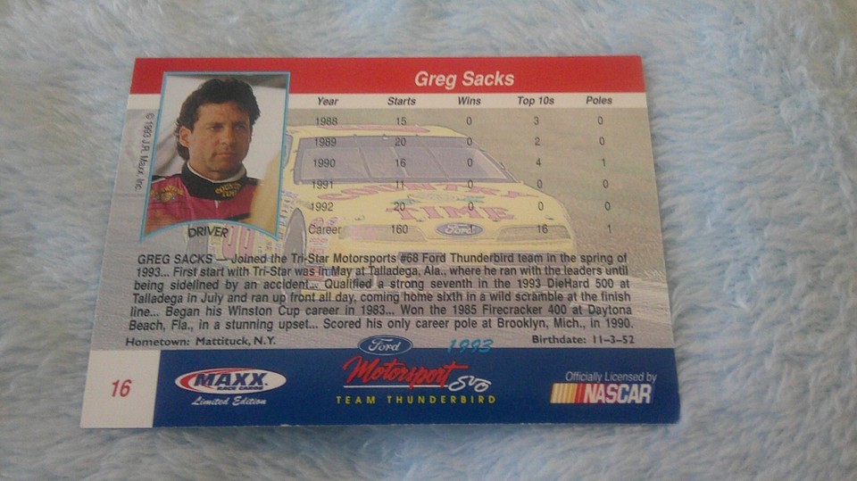 Greg Sacks, Team Thunderbird, Racing, Maxx Limited Edition Race Cards ...