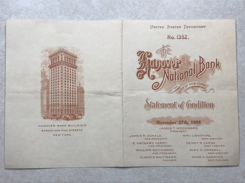 Hanover National Bank Condition New York NY 1908 Vintage Letterhead ...
