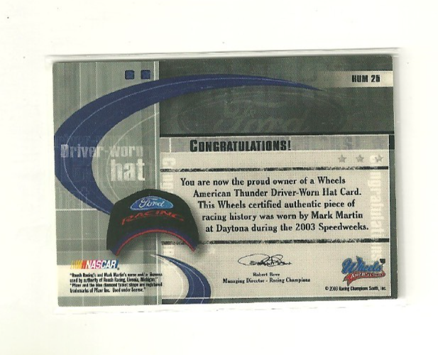 2003 WHEELS HEADS UP DRIVER WORN HAT CARD OF MARK MARTIN 53/90 | eBay