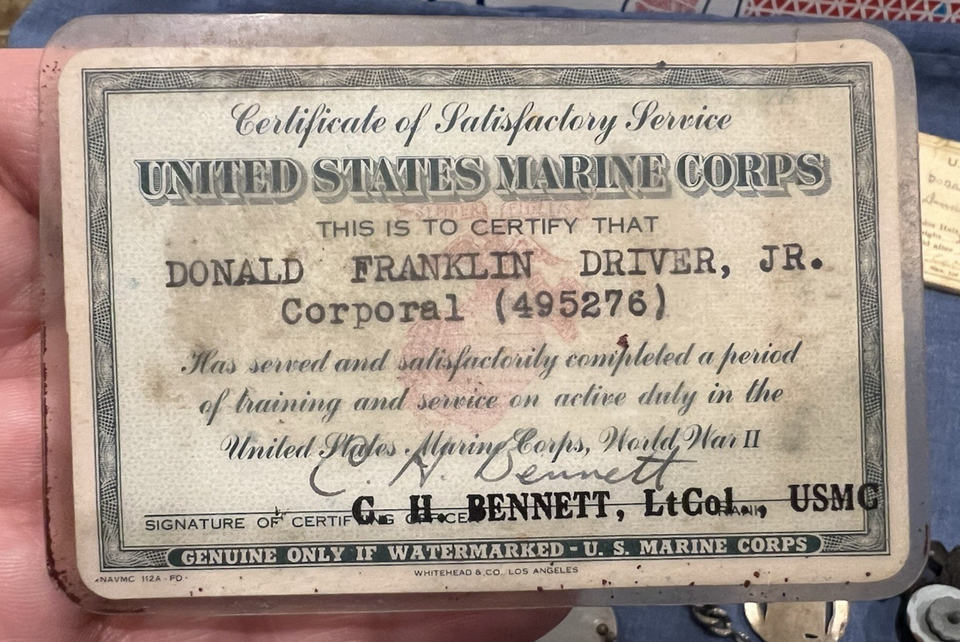 WWII USMC Dog Tag, ID Card Grouping 1943-46, 4 Tags, Cert of Service ...