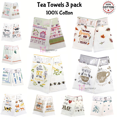 Pack of 3 Tea Towels 100% COTTON Country Kitchen Cloths Tea Towels Set ...