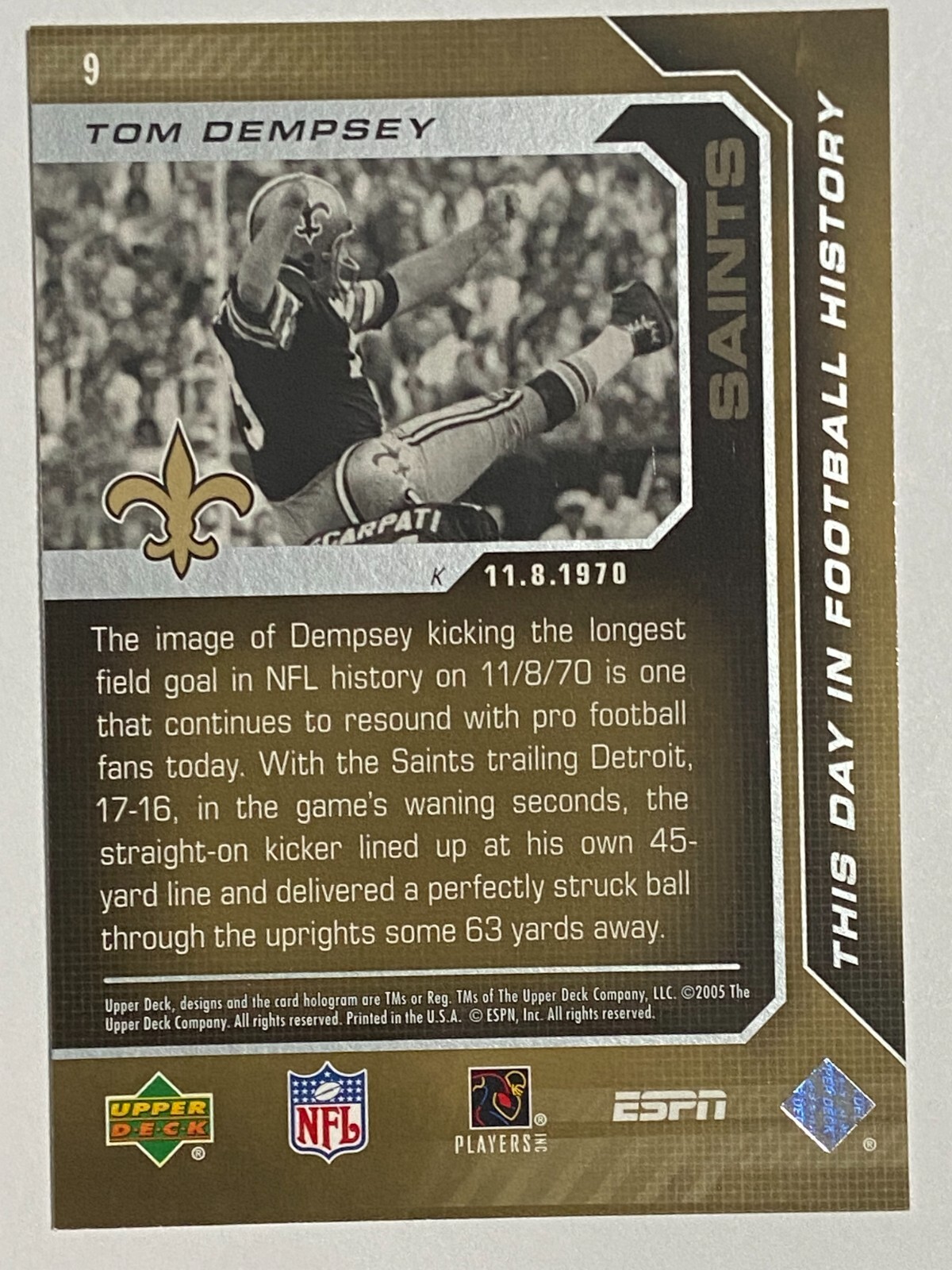 2005 Upper Deck #9 Tom Dempsey New Orleans Saints Day in Football ...