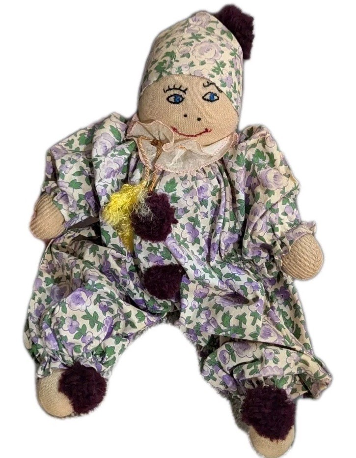 Vtg Handmade Rag Doll Clown Floral Jester Embroidered Face Soft ...