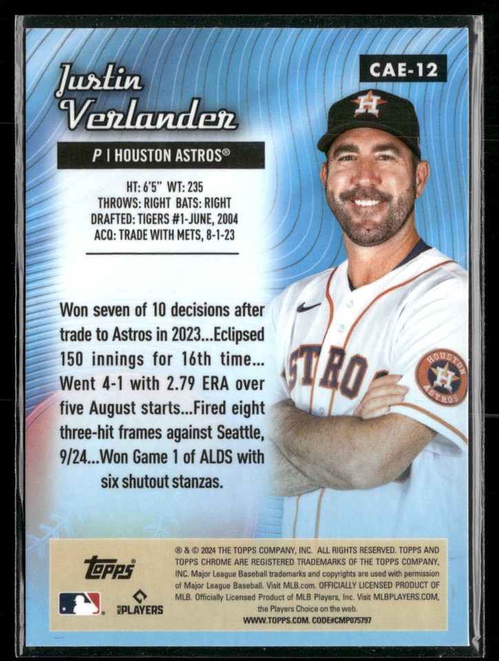 Justin Verlander 2024 Topps Chrome #CAE-12 Chrome All Etch Huston ...