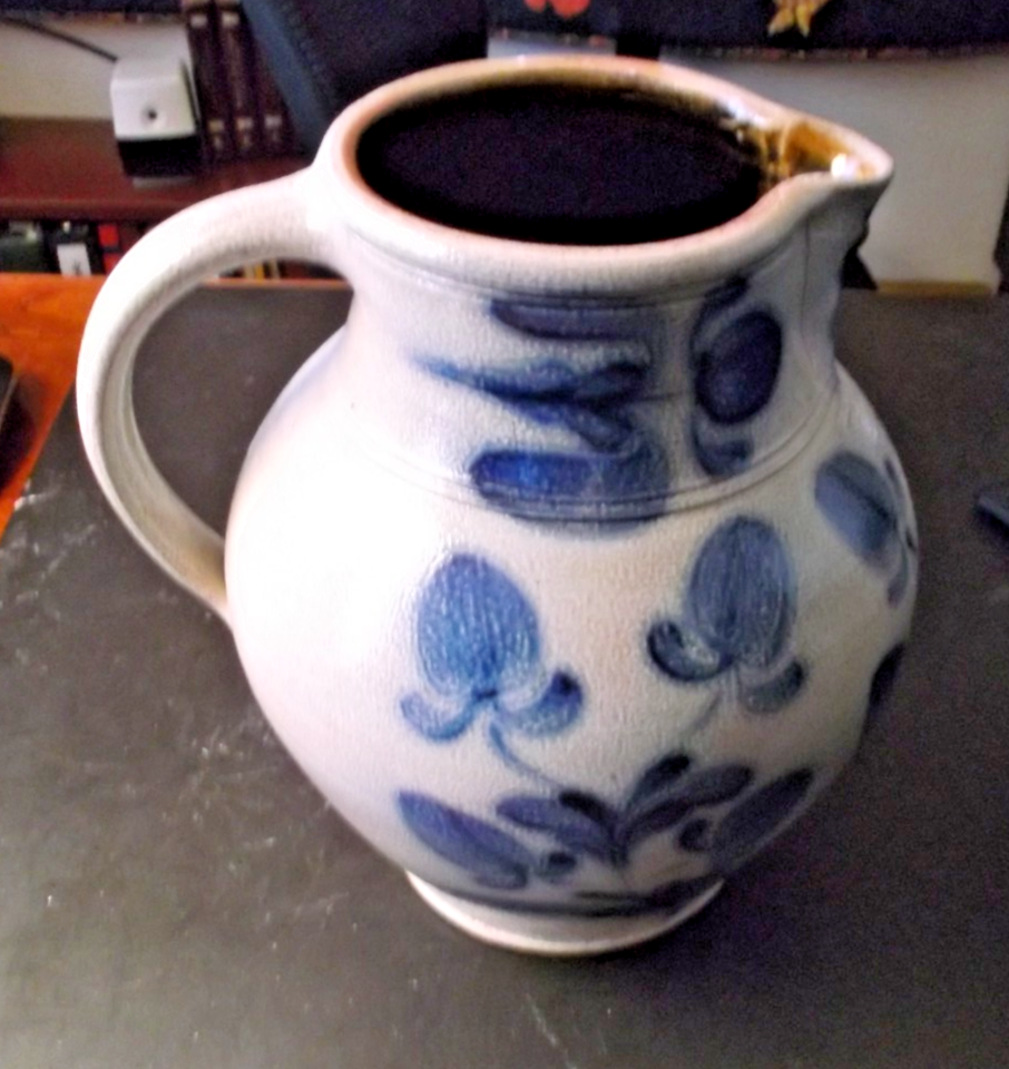 Vintage Wisconsin Pottery Flower Pitcher 9 inch Cobalt Salt Glaze ...