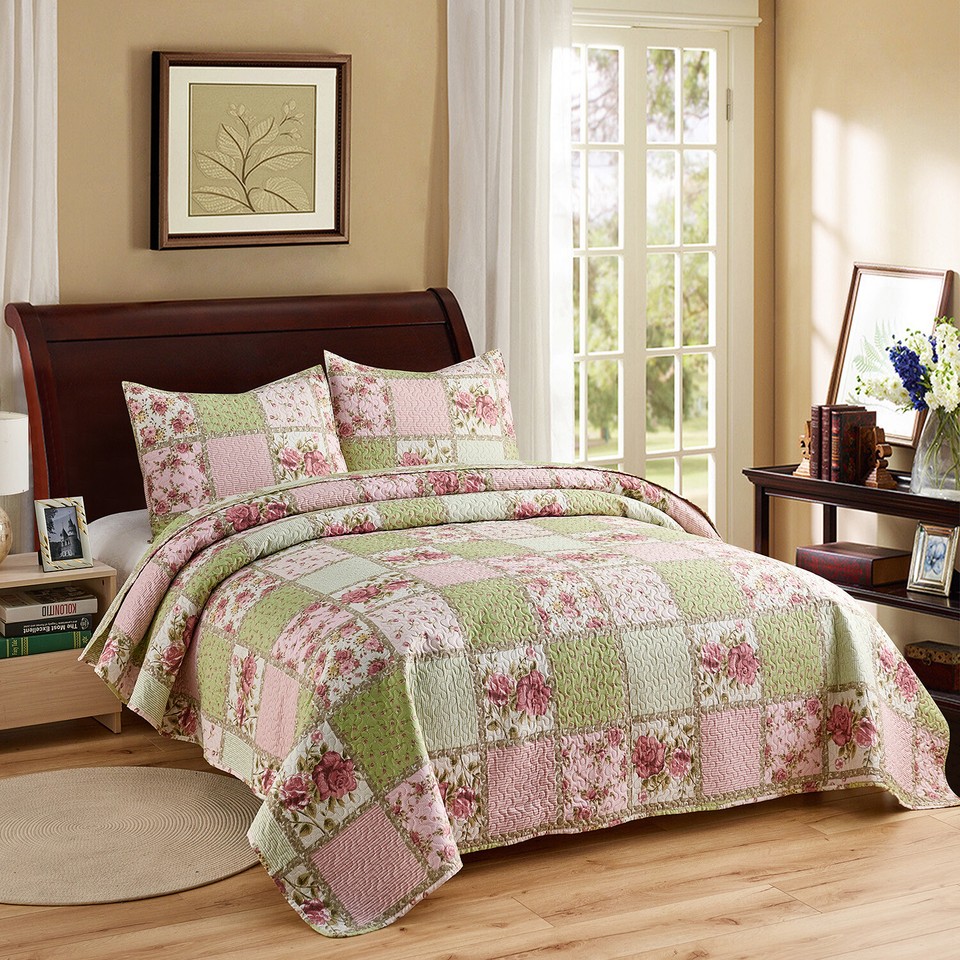 3-Piece Quilt Set Bedspread Spring Floral Coverlet Reversible Bedding ...
