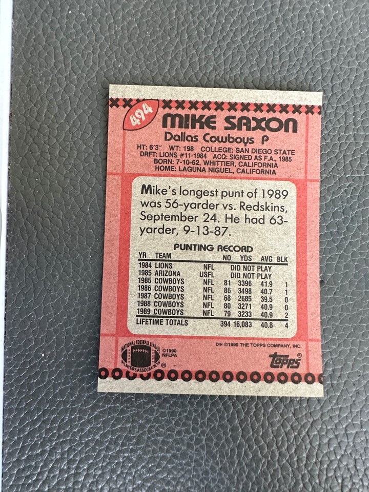1990 Topps Football #494 Mike Saxon - Dallas Cowboys Punter | eBay