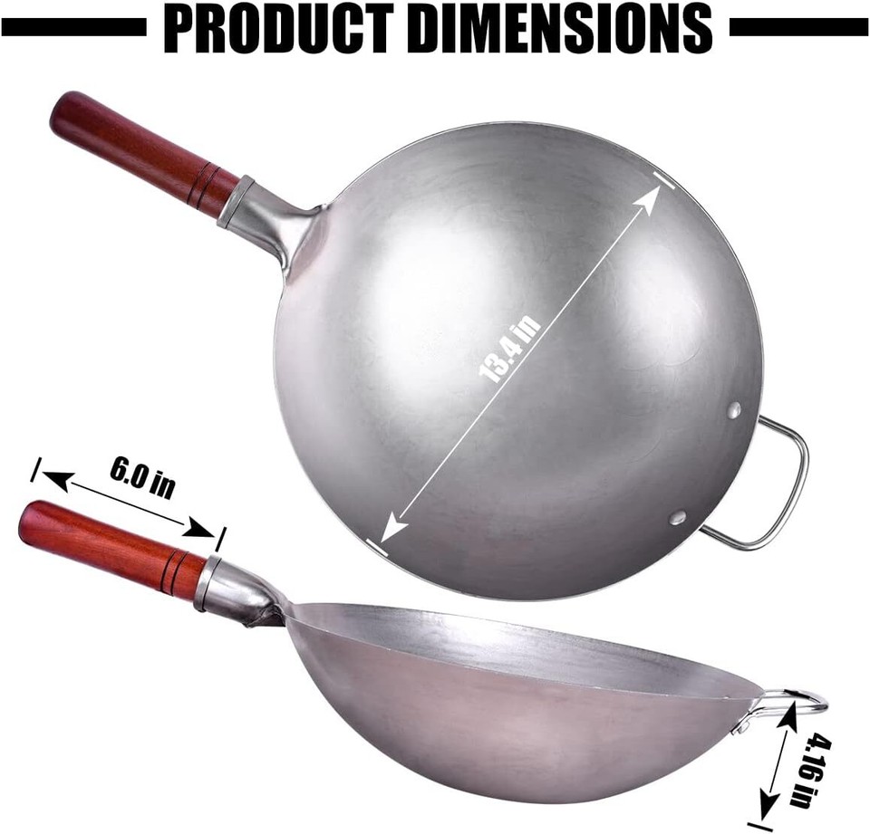 Traditional Carbon Steel Wok - 13.4” Chinese Wok Round Bottom Wok Set ...