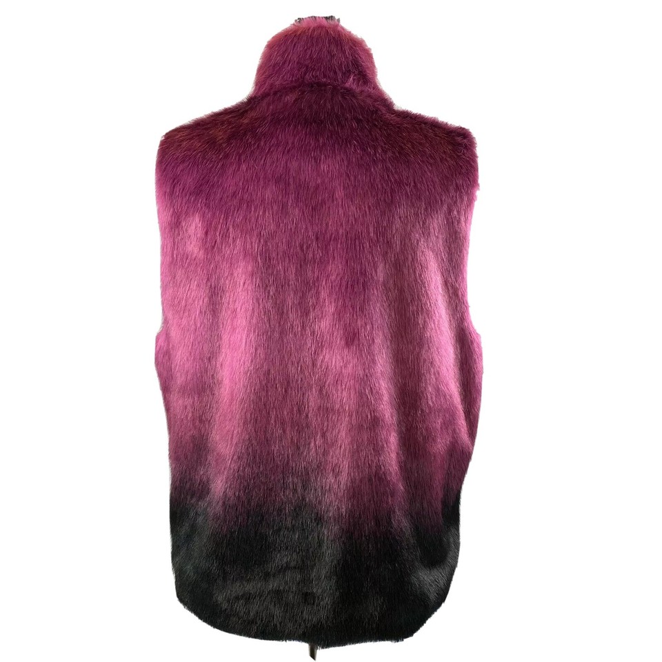 Cejon Women's Fun Fur Vest Magenta Black Ombre Large Faux Fur Vegan EUC ...