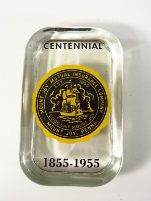 ADVERTISING MOUNT JOY MUTUAL INSURANCE CO GLASS PAPERWEIGHT 1855 - 1955 ...