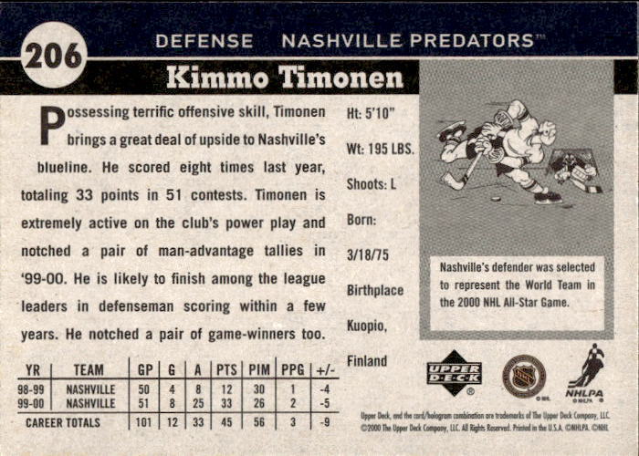 Kimmo Timonen 2000 Upper Deck Vintage #206 Nashville Predators | eBay