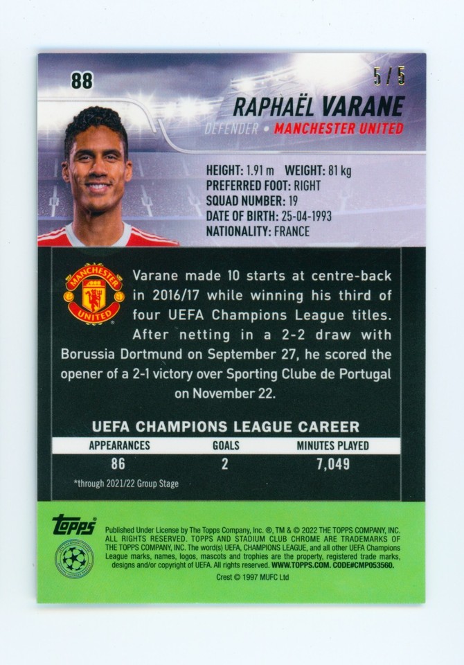2021-22 Raphael Varane Topps Stadium Club Chrome Red Wave Refractor ...