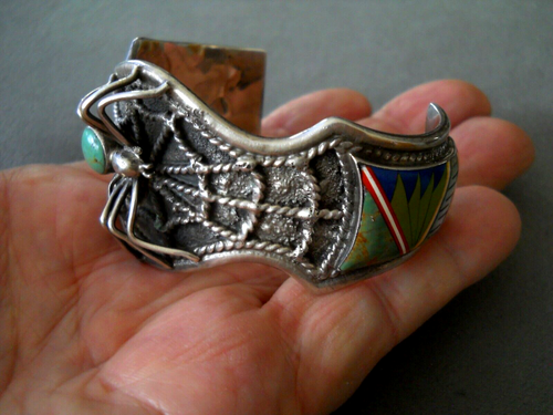 Native American Turquoise Sterling Silver Spider/2 Inlaid Panels Cuff ...