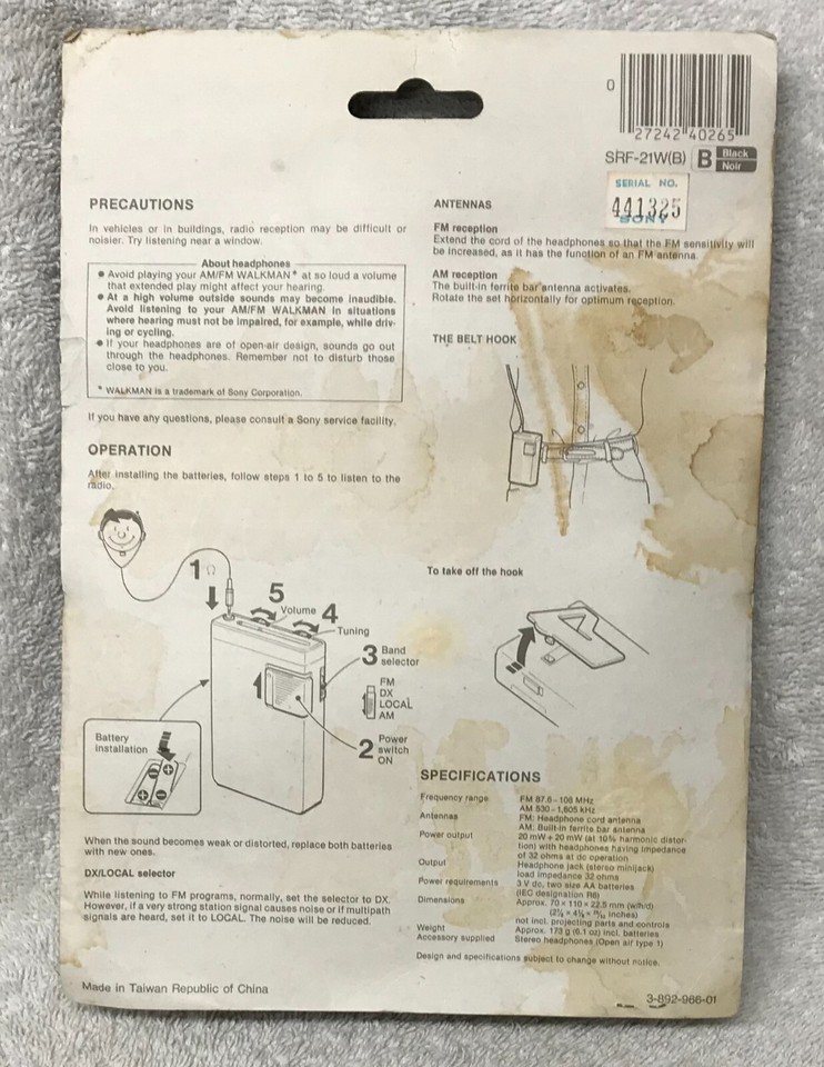 Vintage SONY WALKMAN Model SRF-21W Transistor FM Stereo / AM Radio w ...