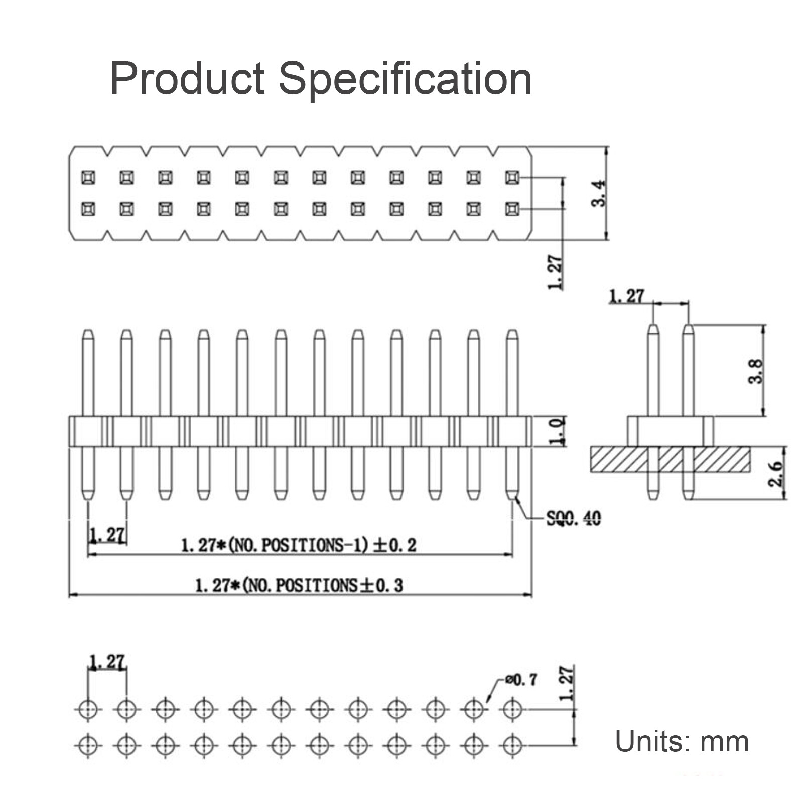 Male Pin Header 1.27mm Pitch Double Row Straight Pin PCB Connector 2X2P ...