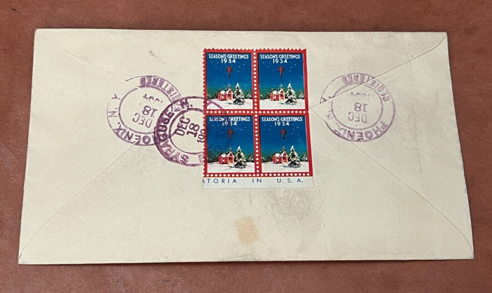 1934 WASHINGTON BLOCK (9) STAMPS + BLOCK CHRISTMAS SEALS TIED ! PHOENIX ...