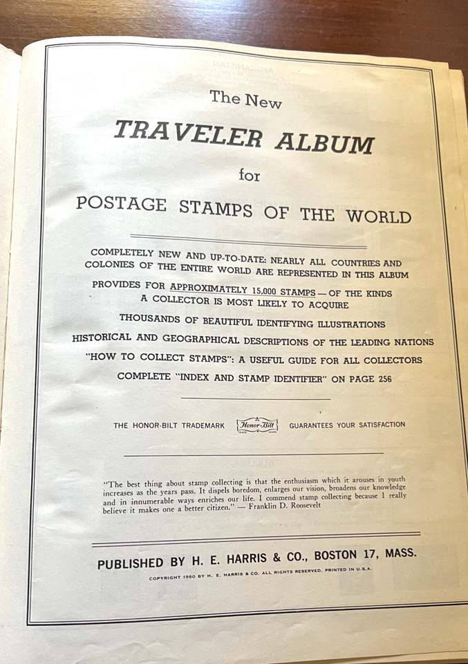 Vintage 1960 H E Harris Traveler stamp album with over 800 stamps ...