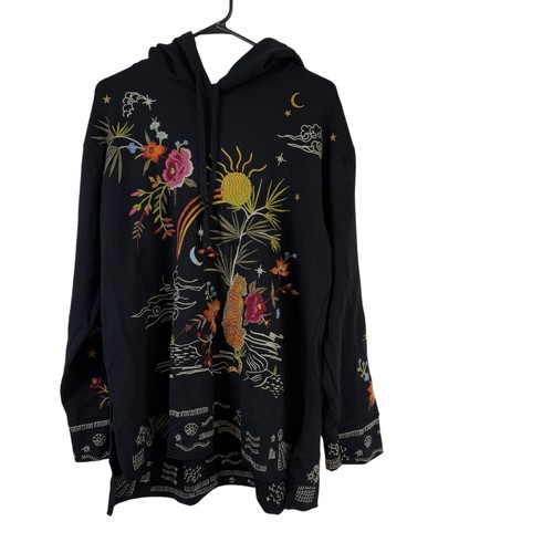 Johnny Was Hoodie Keone Hooded Sweatshirt Tunic Cotton Embroidery Black ...