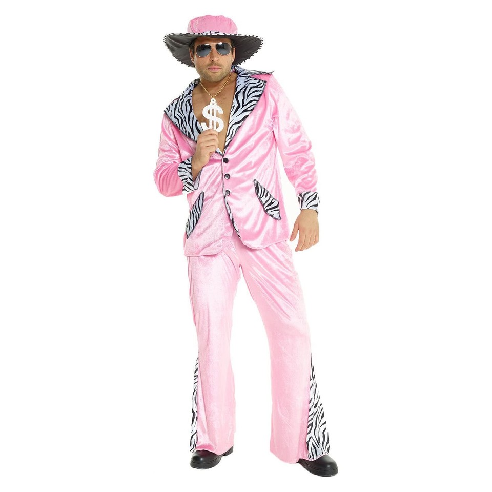 Mens Pink Pimp Costume + Hat 1970s Big Daddy Velvet Suit Halloween | eBay