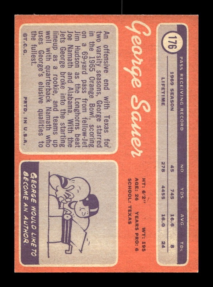1970 Topps #176 George Sauer Jr. Jets EX-MT+ *j9 | eBay