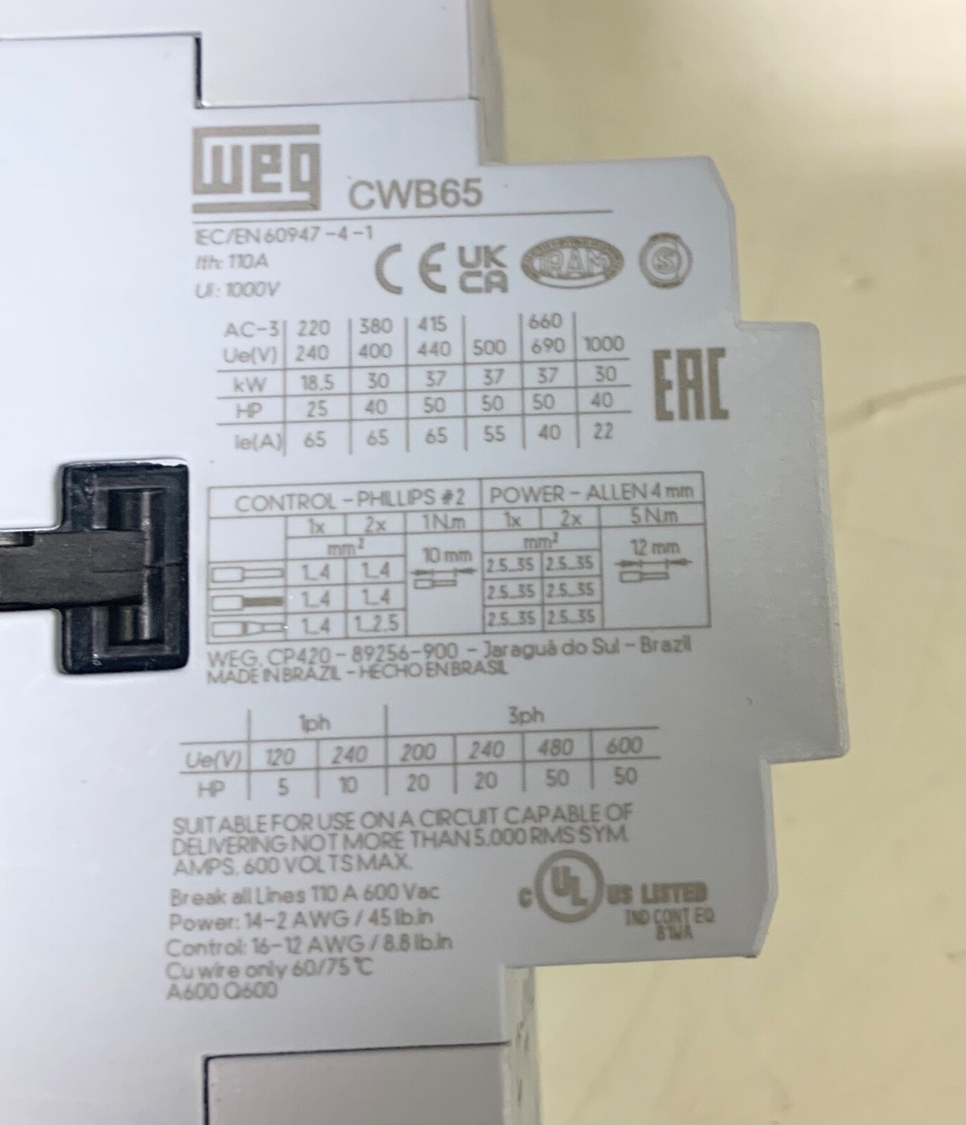 WEG CWB65 11 30V24 3 Pole 65 AMP 180-208 VAC Contactor 13860255 | eBay