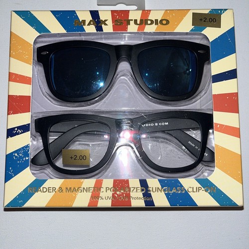 +2.00 Max Studio mens Reading glasses Magnetic Polarized Sunglass Clip ...