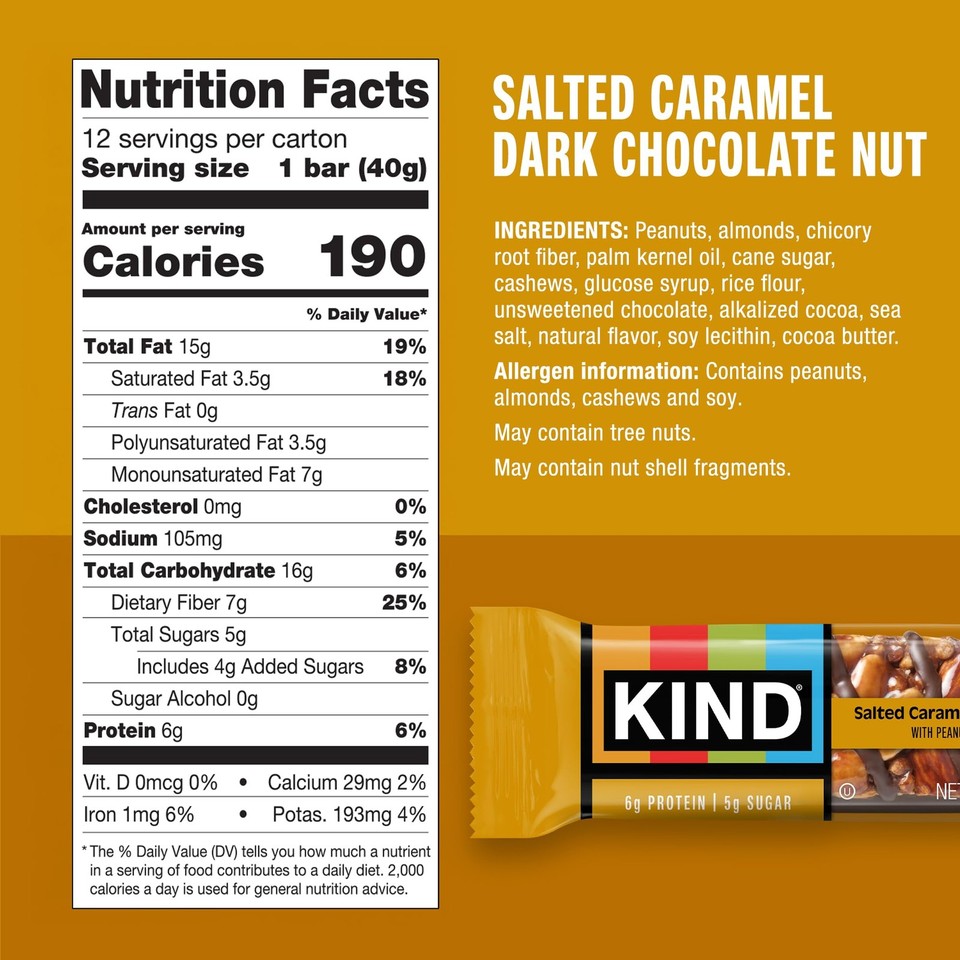 Salted Caramel & Dark Chocolate Nut Bars 12 Count 1.4oz Protein Fiber ...