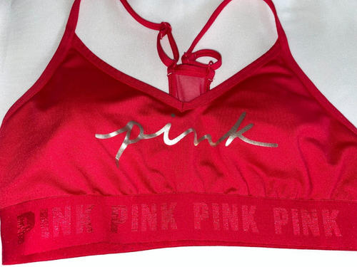 Victoria’s Secret PINK Active Sport Bra S Red Gold Script Logo Mesh ...