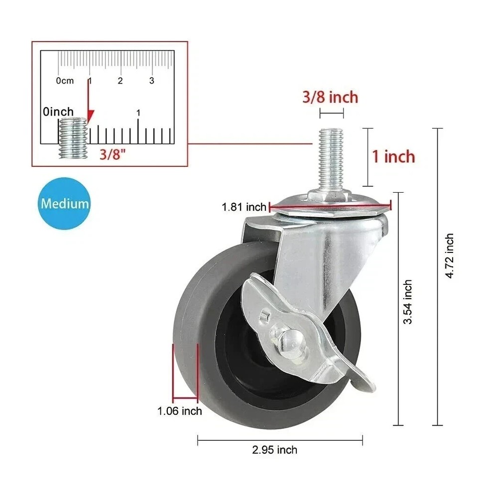 3 Inch Caster Wheels Threaded Stem Casters Set of 4 Heavy Duty Swivel ...