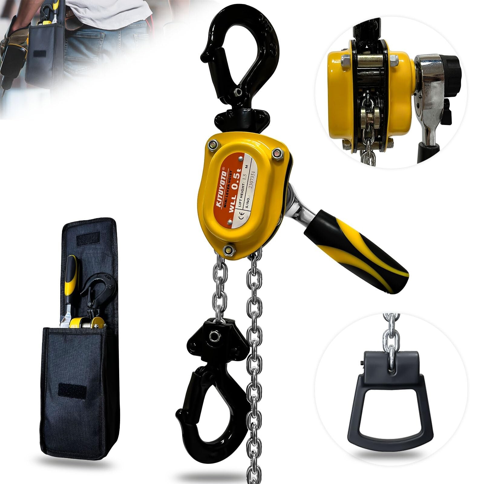 Mini Chain Hoist 1/2 Ton(1100lbs)-Manual Lever Chain Hoist 5Ft Lift ...