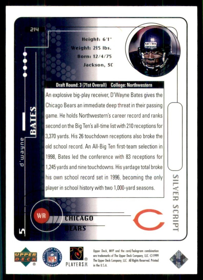 1999 Upper Deck MVP D'Wayne Bates Rookie Chicago Bears #214 | eBay