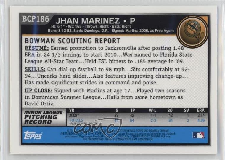 2010 Bowman Chrome Prospects Auto Jhan Marinez #BCP186 Rookie Auto RC ...