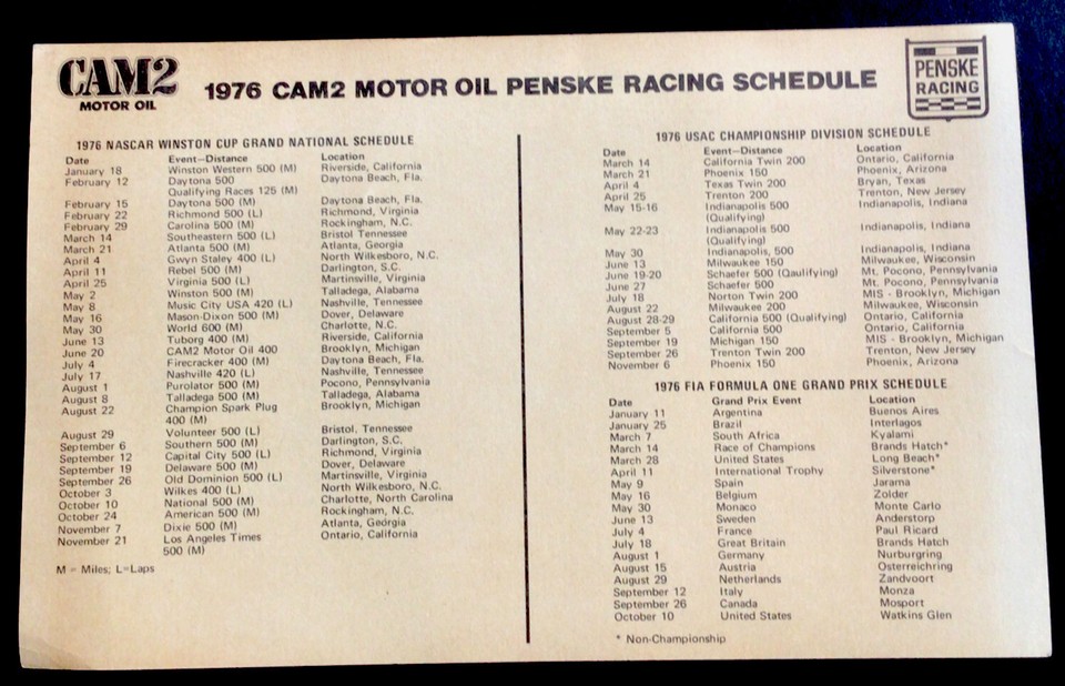 1976 CAM2 Motor Oil Penske Racing Schedule Advertising Card | eBay
