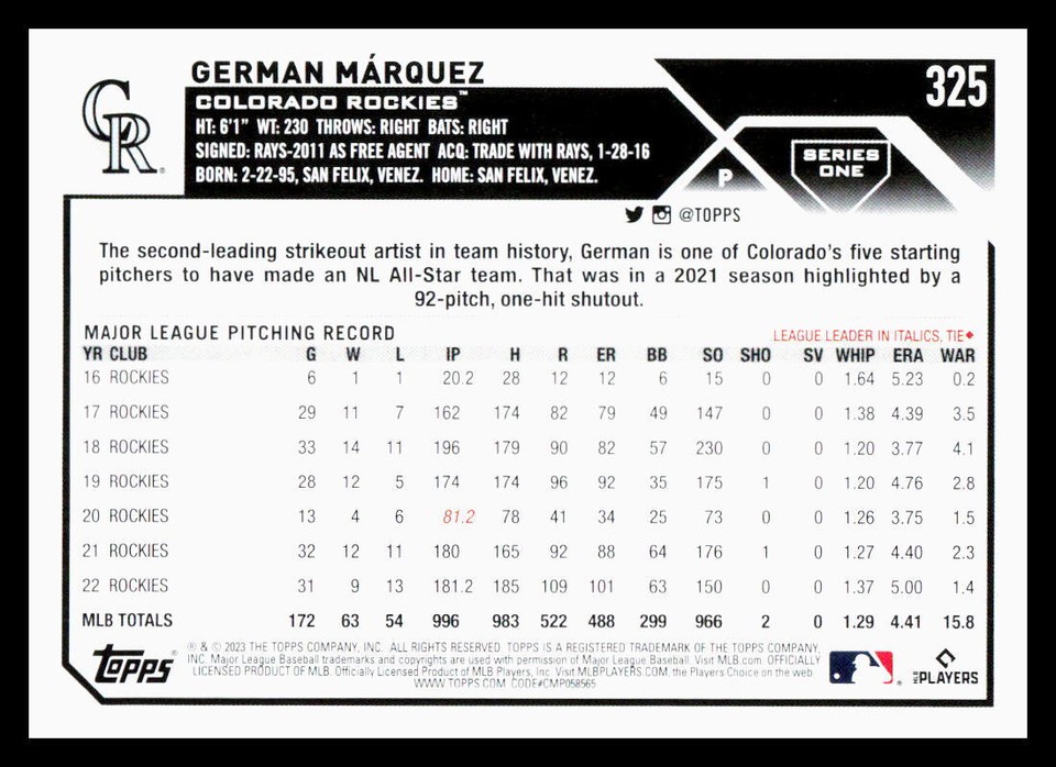 2023 Topps 325 German Marquez Colorado Rockies Baseball Card | eBay