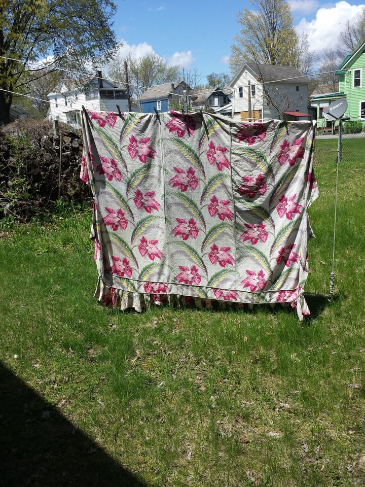 Vintage MCM BARKCLOTH Fabric Former Coverlet LG PINK Leaves Gray Green ...