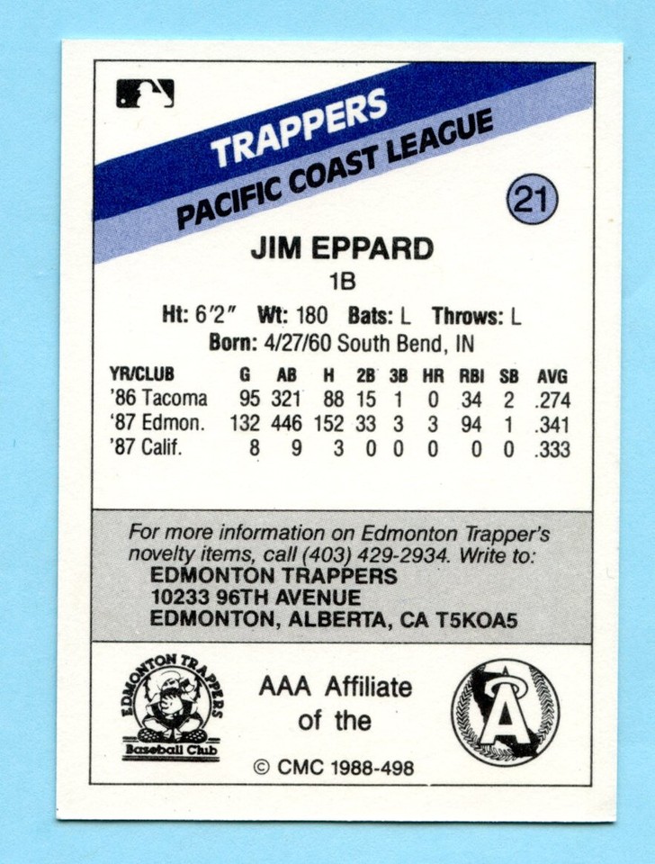 1988 CMC - Trappers Pac. Coast League - Edmonton - Jim Eppard- Box 198 ...