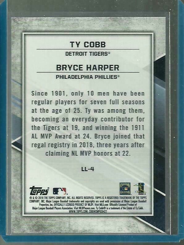 2019 Topps Fire Lasting Legacies Blue Chip LL-4 Ty Cobb & Bryce Harper ...