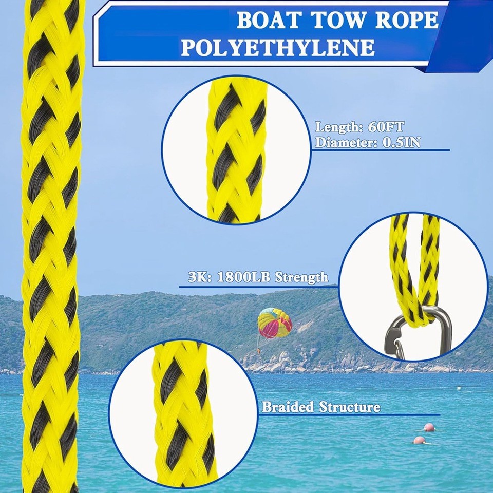 Boat Tow Rope , 60FT 3K 1-3 Riders Tube Boating Ropes Heavy Duty Ski ...
