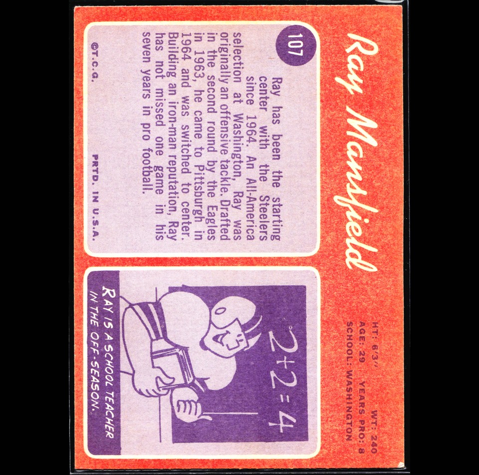 1970 Topps Rookie Card #107 Ray Mansfield Pittsburgh Steelers Football ...