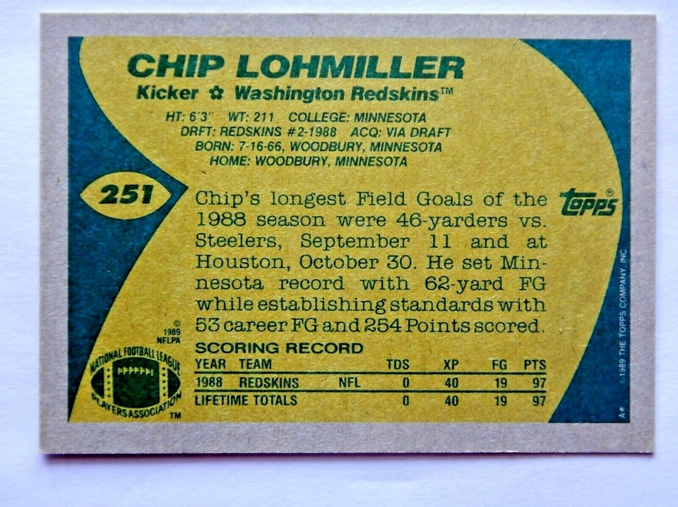 Chip Lohmiller #251 Topps 1989 Football Card (Washington Redskins) VG ...